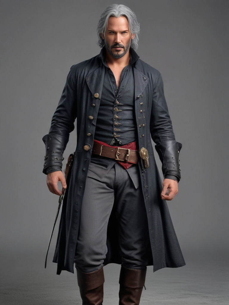 Keanu Reeves as a medieval pirate with drizzle grey hair full body image