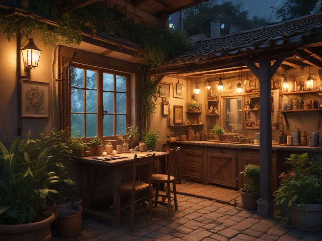 Cozy Evening Kitchen with Warm Lighting and Lush Greenery Outdoors