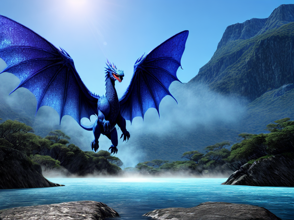In 4K detail, envision a surreal, majestic blue dragon, its icy scales ...