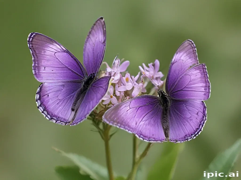 Two Beautiful Purple Butterflies Delicately Resting on Vibrant Pink Flowers