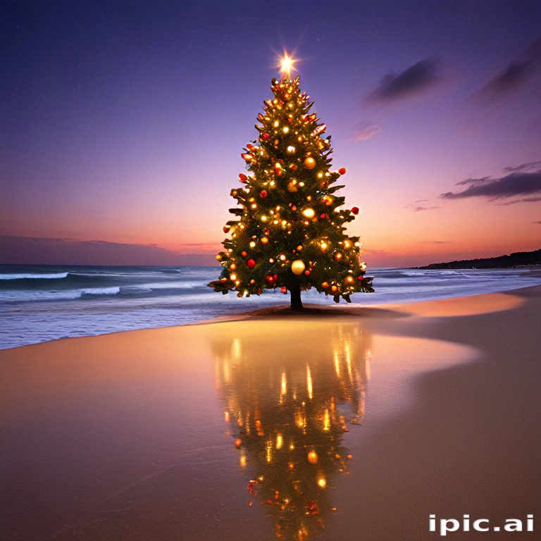 Festive Christmas Tree Sparkles at Sunset on Serene Beach Shoreline