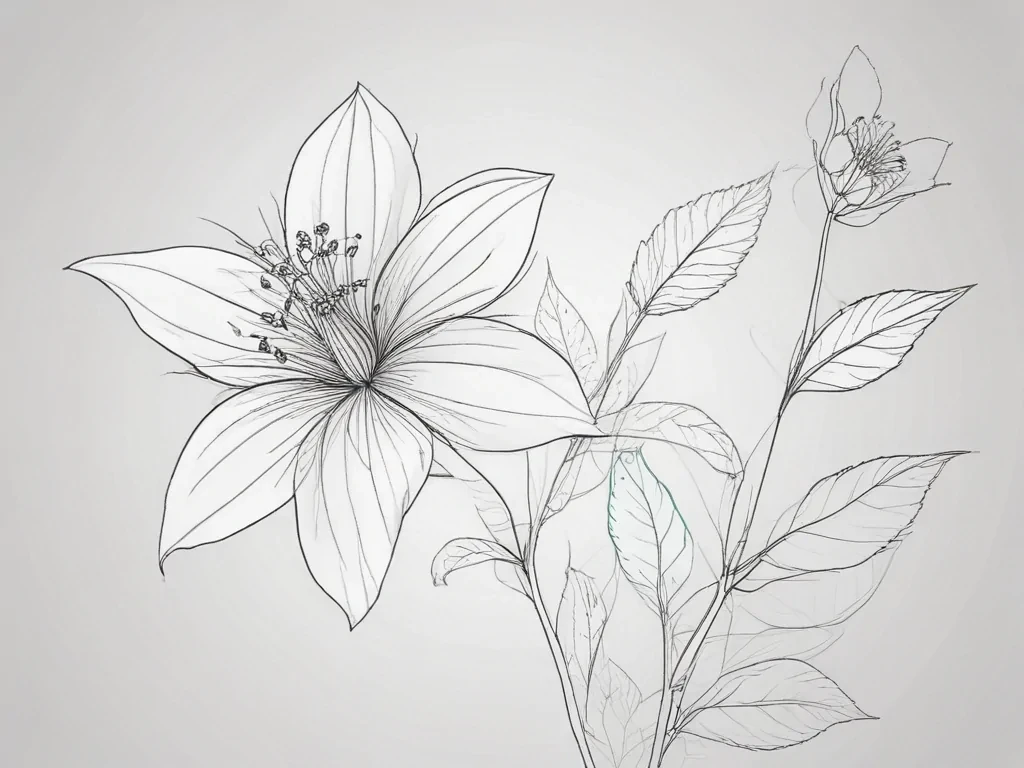 Delicate Line Art of a Flower with Detailed Petals and Leaves