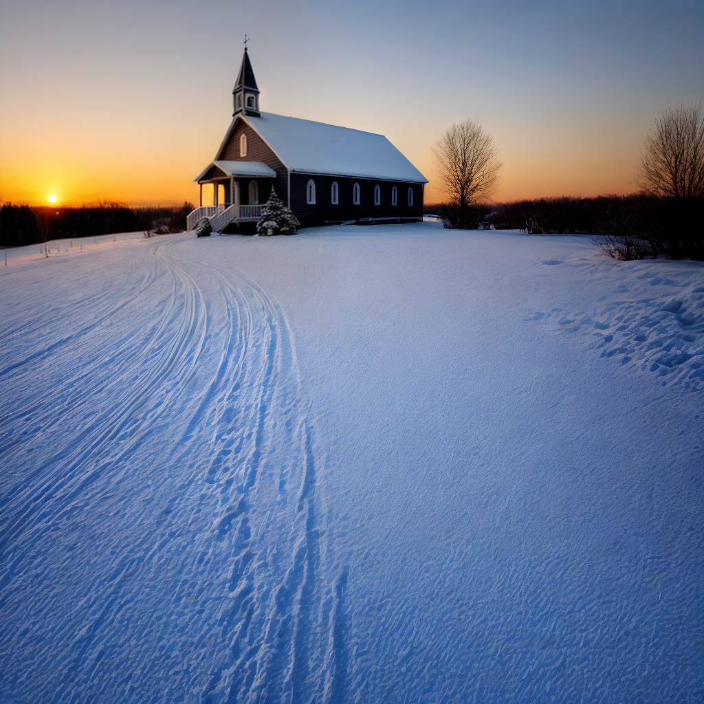 black gospel church exterior, sunset, golden light, snowing