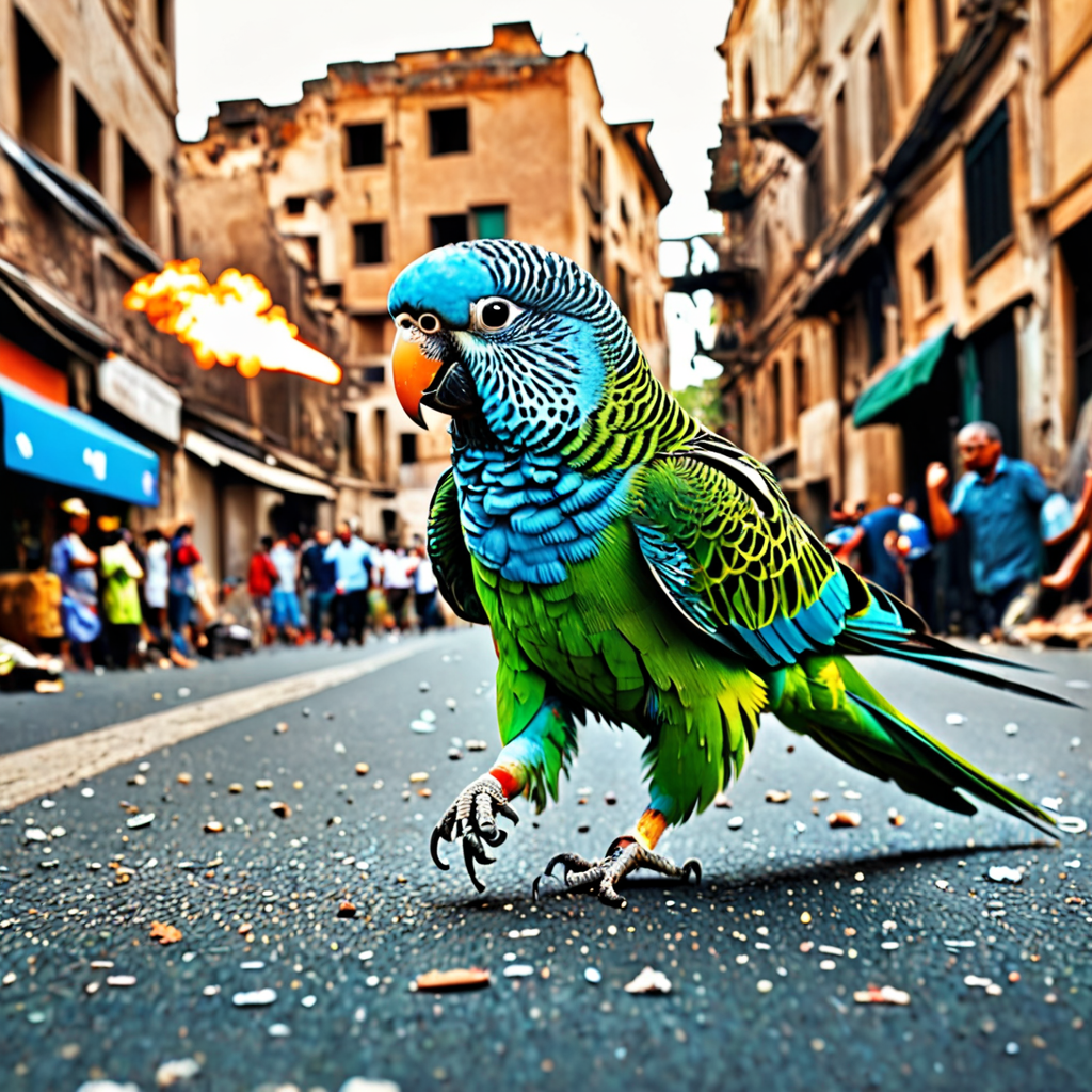 Parakeet running, explosions in the background