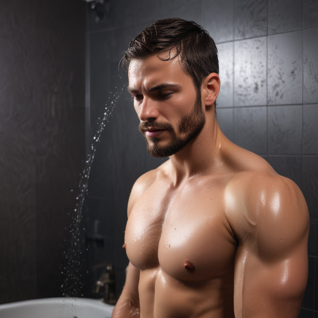 a muscular man washing himself in a black luxury bathroom, there's ...