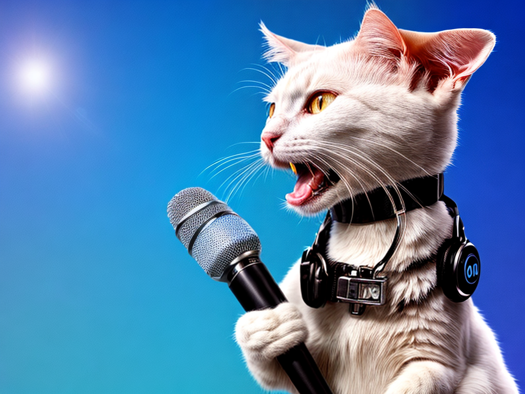 white cat in a shiny jacket singing into a microphone on a stage