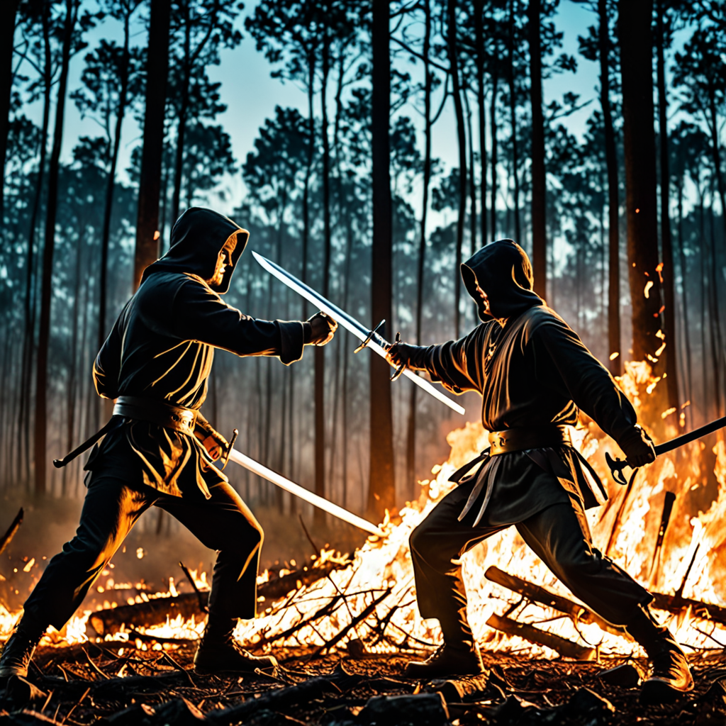 Two men fighting with swords in the middle of forest on fire at night ...