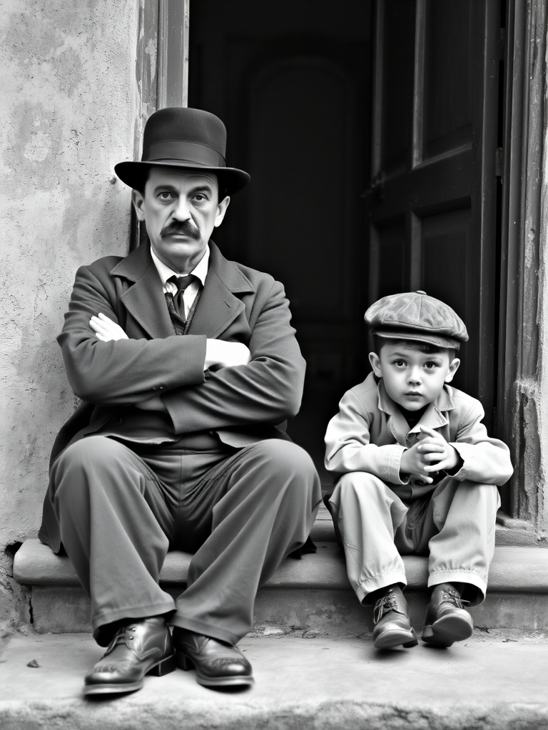 A Serious Man and a Curious Boy Sitting Together on Steps