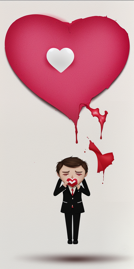Heartbroken Character Holding a Heart Beneath a Dripping Red Heart Shape
