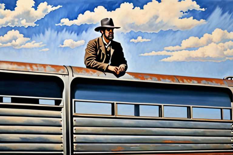 Wild West. Train robber on roof of train. Oil Painting