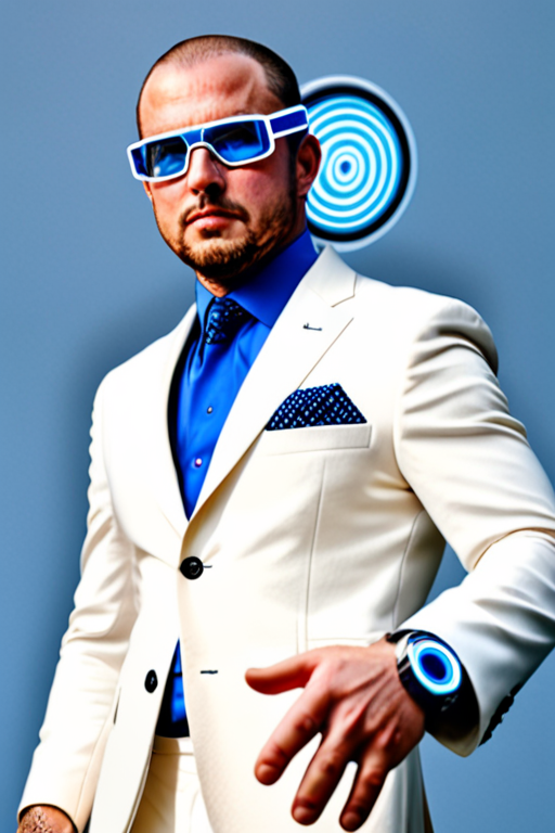 man in a futuristic blue and white suit, with a time manipulation watch ...