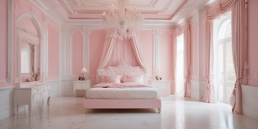 Elegant and Dreamy Pink Bedroom with Luxurious Decor and Chandeliers