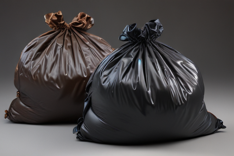 Two Large Garbage Bags in Brown and Black Against a Neutral Background
