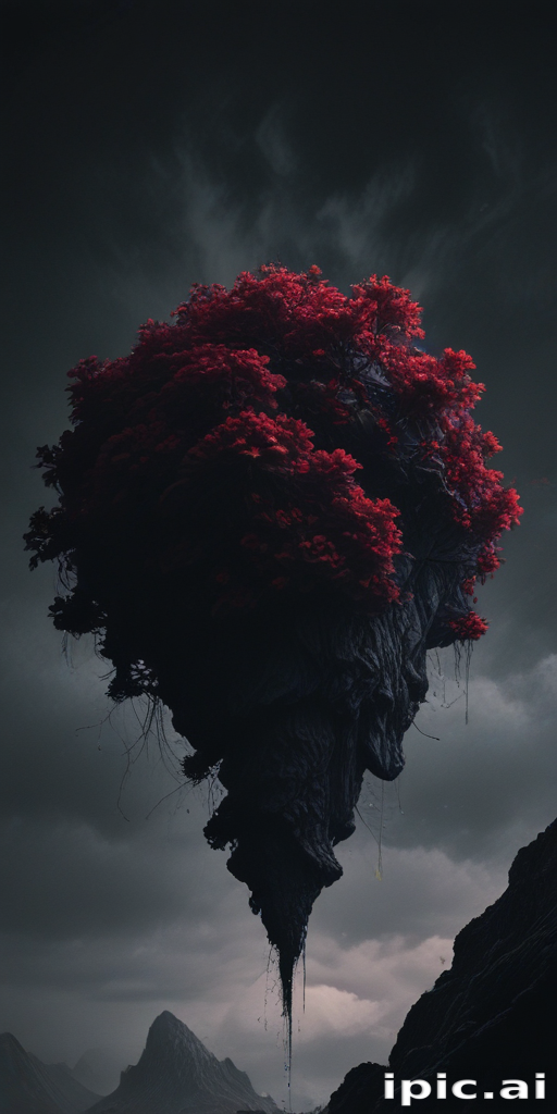Floating Island with Vivid Red Tree Against a Dark Stormy Sky