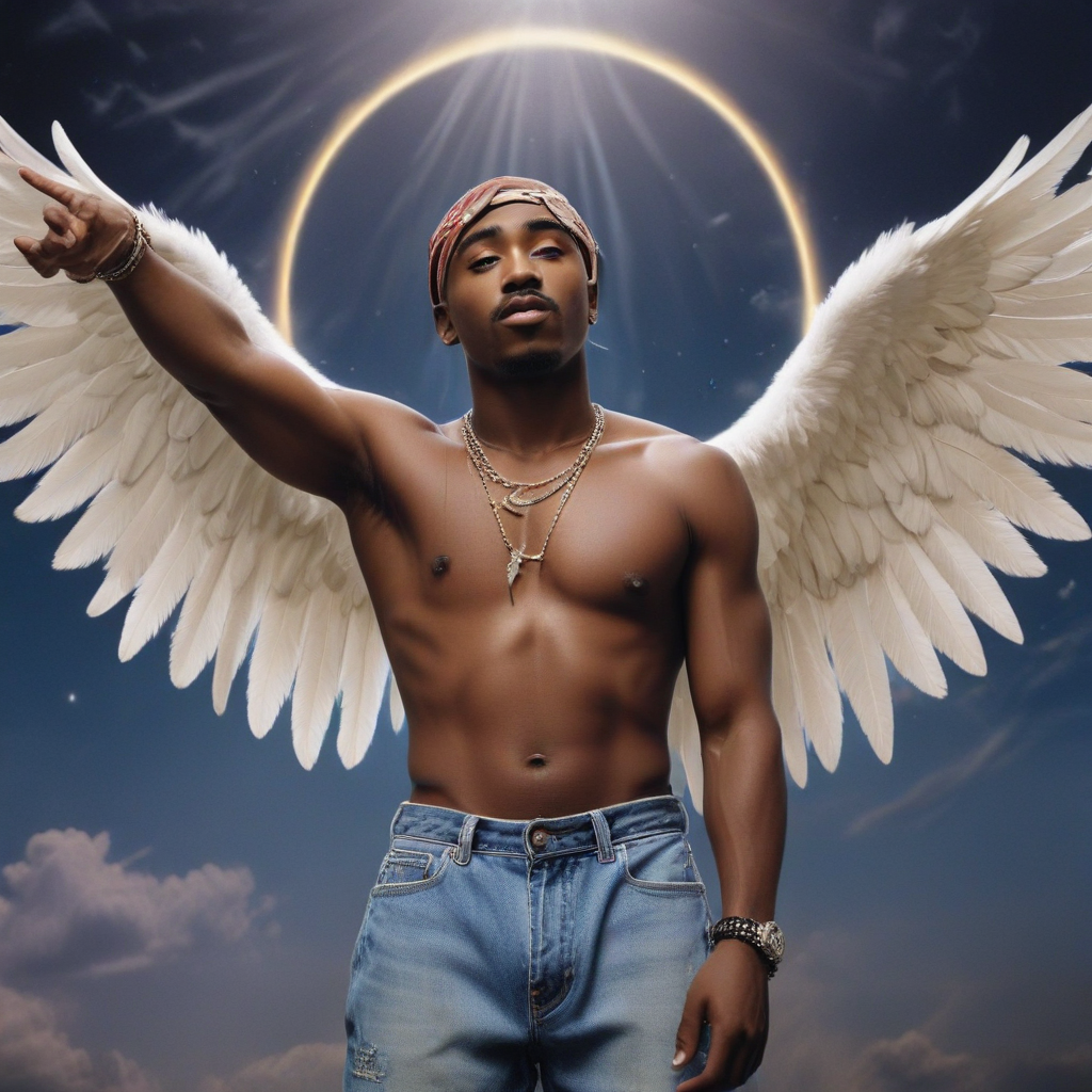 Tupac Shakur standing in front of heaven with angel and a halo