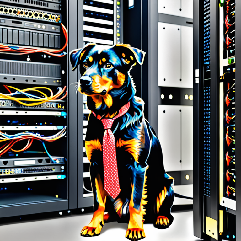 datacenter, black hovawart dog with tie, macbook pro, servers and cables