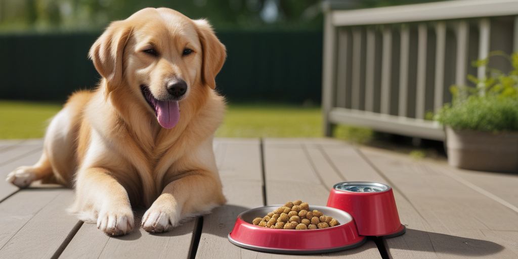Golden Retriever Relaxing on Deck Next to Food and Water Bowls