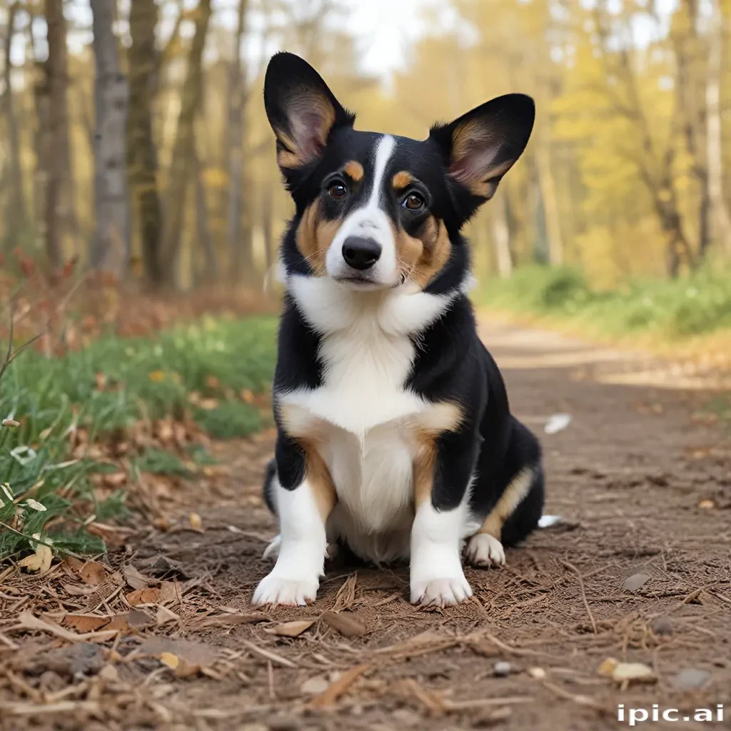 A Playful Corgi Sitting on a Scenic Forest Trail Surrounded by Nature.