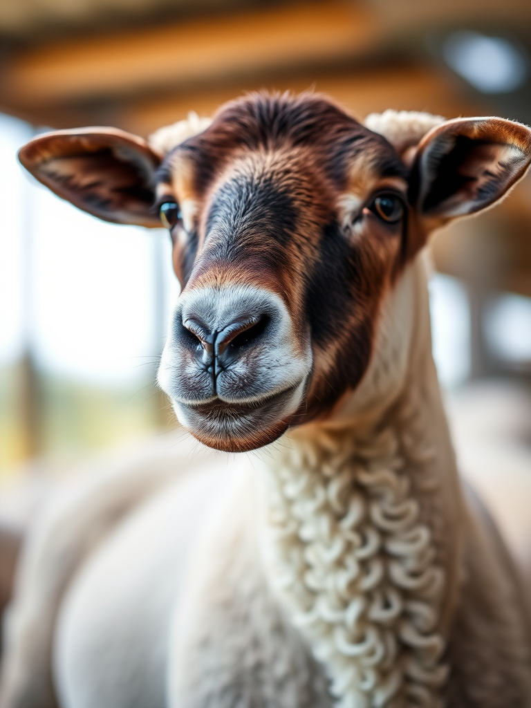 A Close-Up of a Curious Sheep with Unique Facial Patterns in Farm Setting.