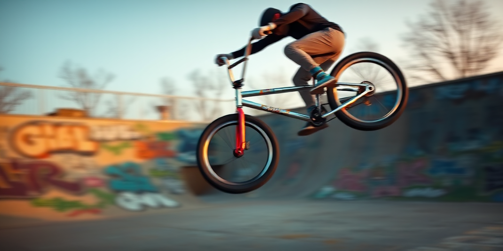 An Enthusiastic BMX Rider Performing a High-Flying Trick in a Skatepark.
