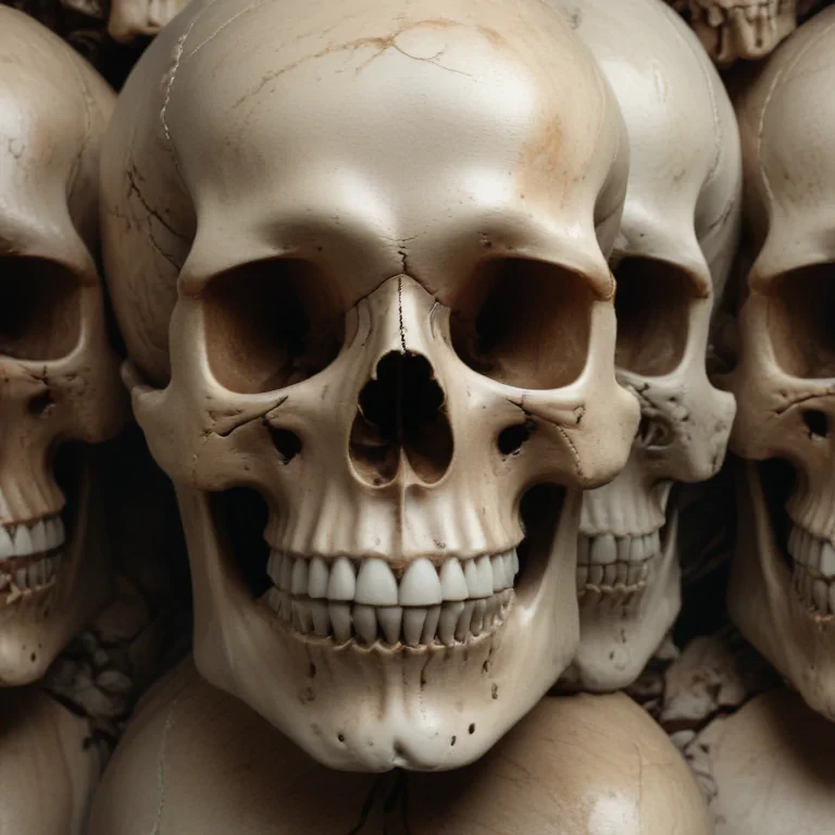 A Close-Up View of Realistic Human Skulls Piled Together in Rows.