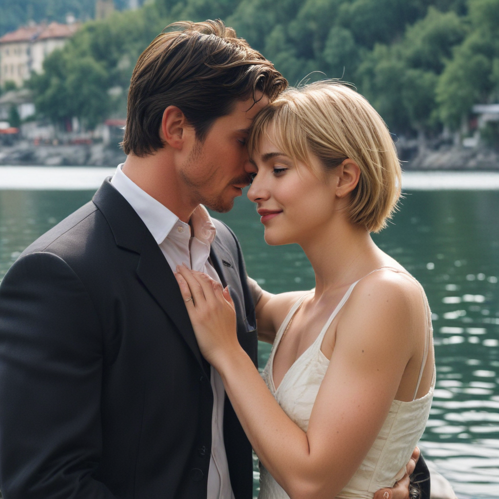 Christian bale as bruce wayne and allison mack in short hair together ...