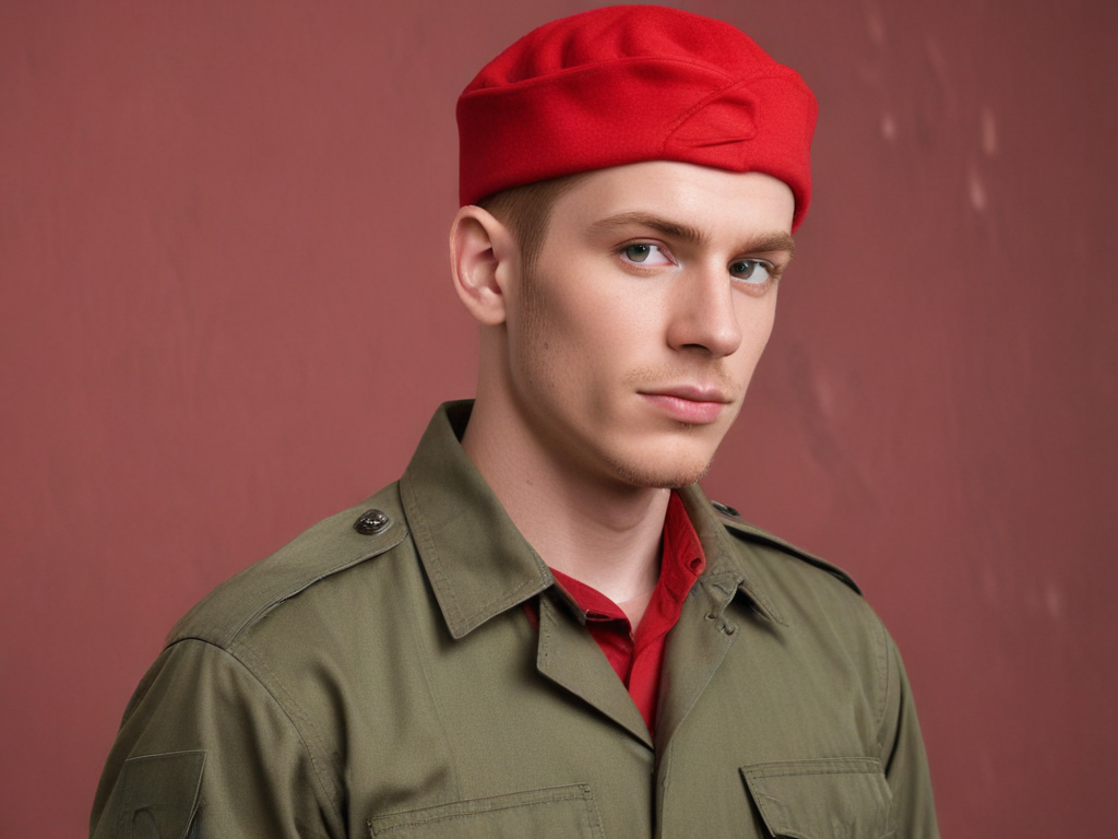 a guy with a red serviceman's hat, red hair and a red shirt