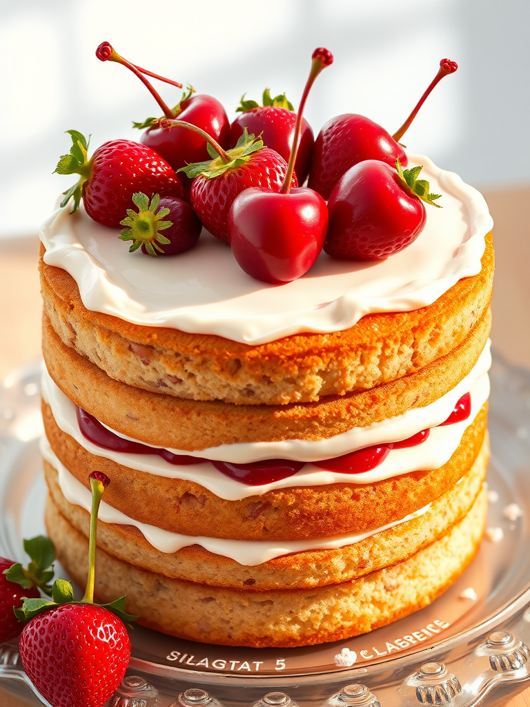 A Deliciously Layered Cake Topped with Fresh Cherries and Strawberries.