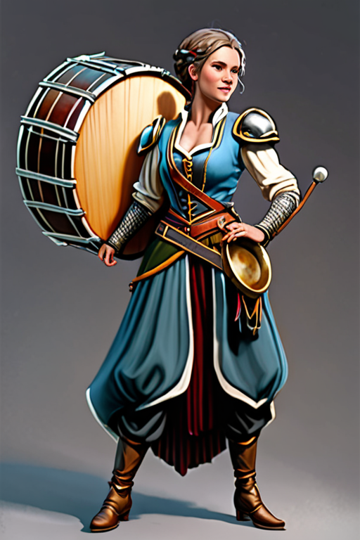 full body human female bard with bright clothing, short hair and ...
