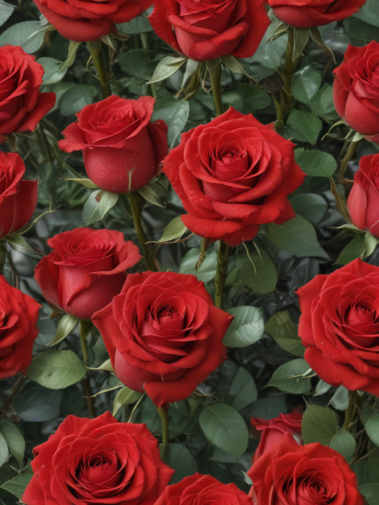 Vibrant Red Roses Blooming Beautifully Against Lush Green Leaves Background