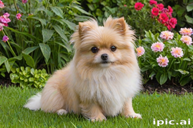 A Charming Pomeranian Dog Sitting Gracefully Among Colorful Garden Flowers.