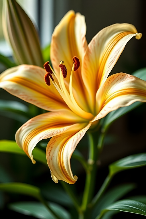 Create a high-resolution botanical illustration of a flowering lily ...