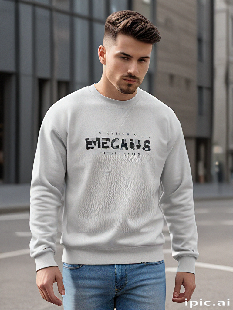 Stylish Young Man in Trendy Sweatshirt Posing Outdoors in Urban Setting.