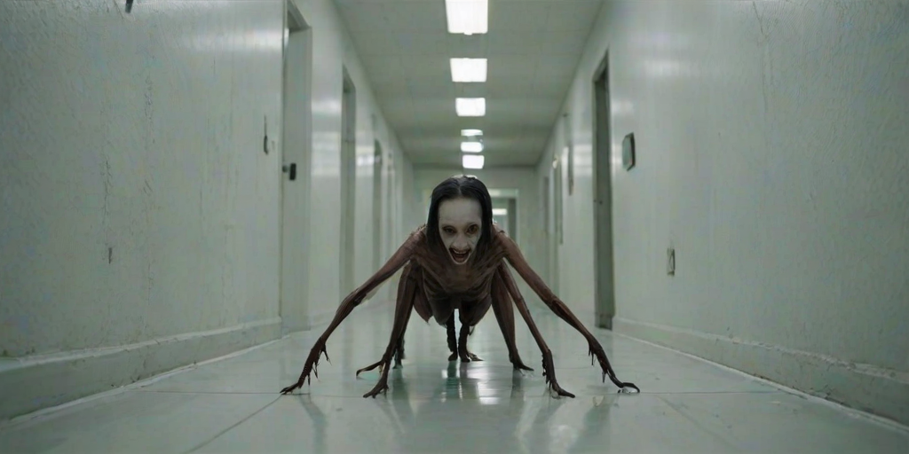 Sinister Creature Crawling Down an Abandoned Hospital Corridor at Night