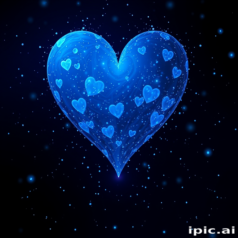 A Beautiful Blue Heart Surrounded by Sparkling Hearts in a Dark Background
