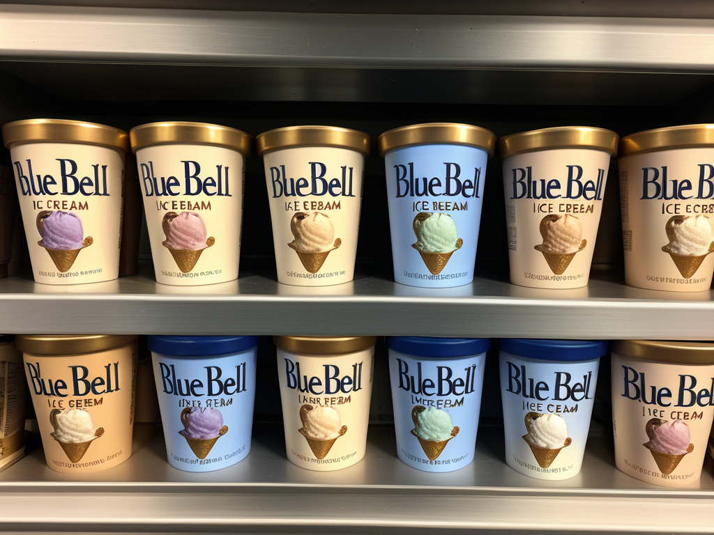 Colorful Display of Blue Bell Ice Cream Pints on Store Shelf