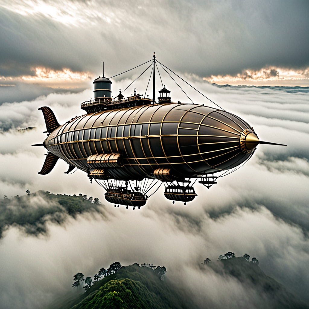 Steampunk airship on a sea of fog and mist