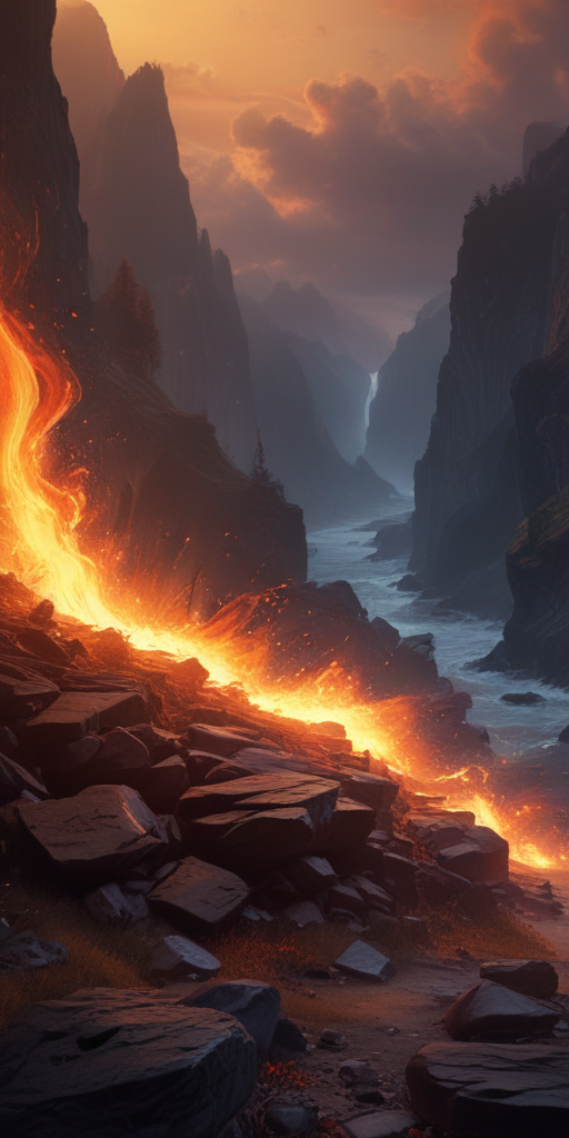 Majestic Landscape of Flowing Lava Through Rocky Mountains and ...