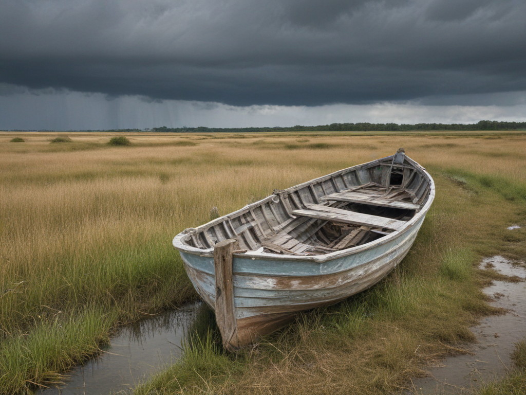 an abandoned boat in marshland