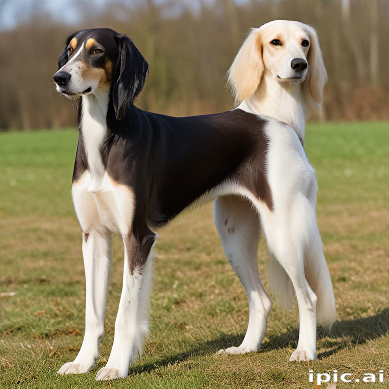 Two Elegant Dogs Standing Proudly Together in a Sunny Field.