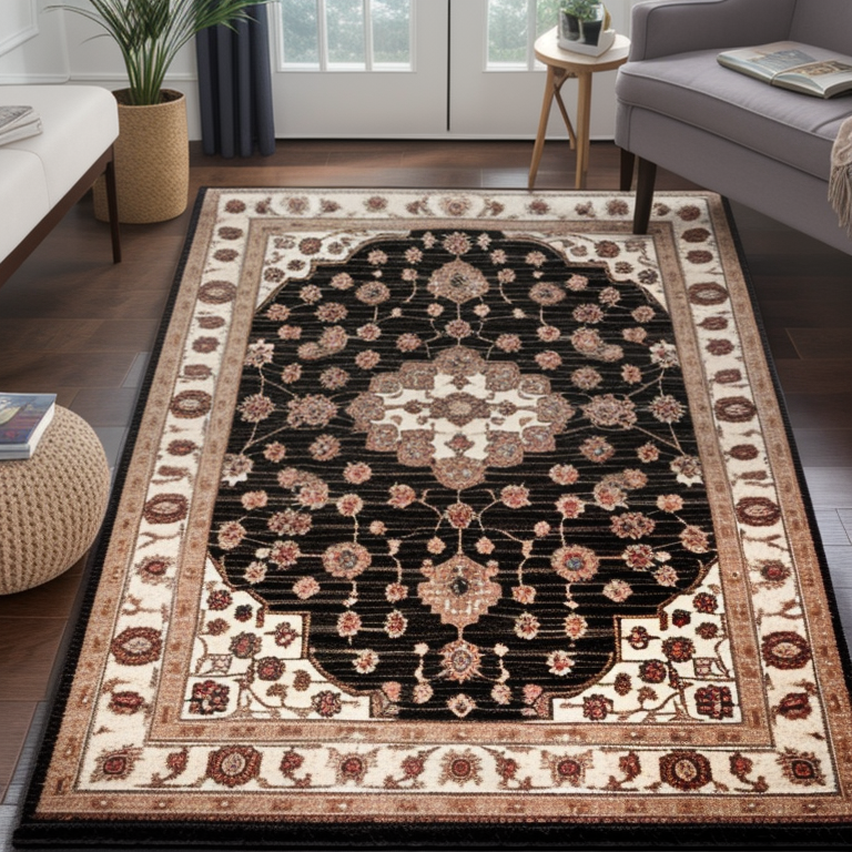 Elegant Black and Cream Area Rug with Intricate Floral Design in Cozy ...