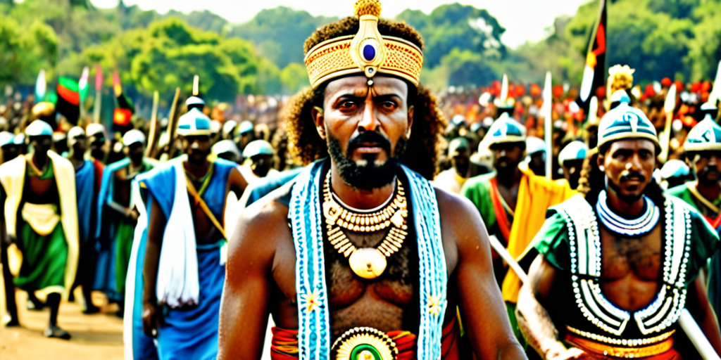 Emperor king Tewodros the second of Ethiopia marching to battle