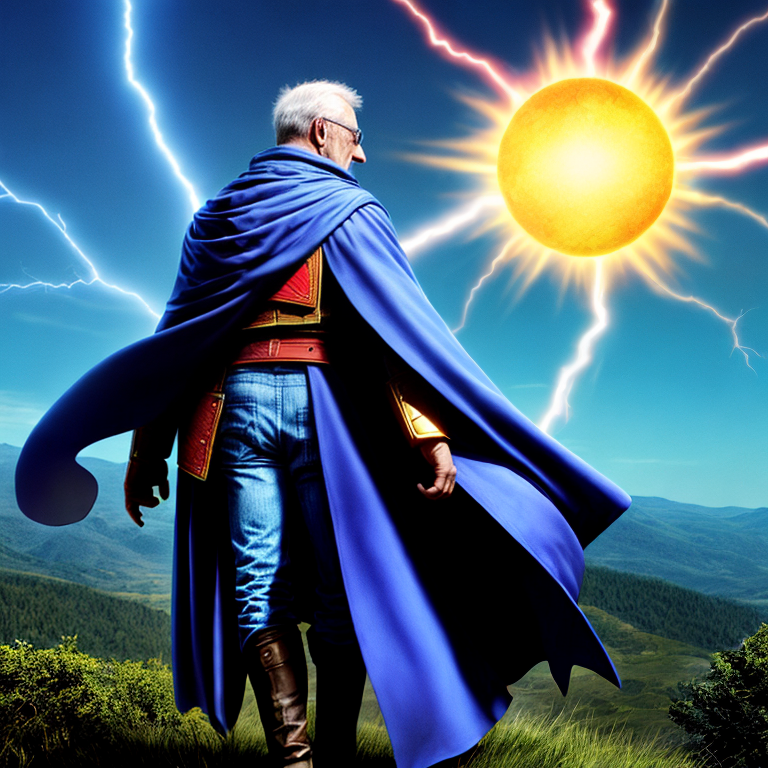 old man in blue cloak lightning bolts to the sun