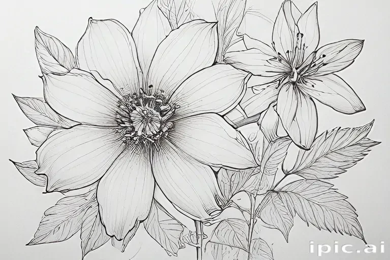 Intricate Line Drawing of Beautiful Flowers with Detailed Petals and Leaves
