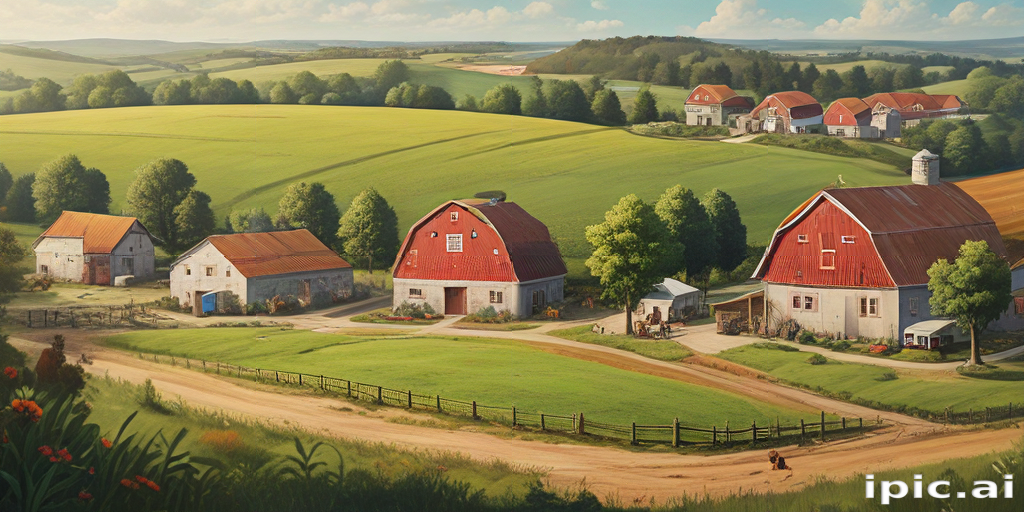 A Serene Countryside Landscape Featuring Charming Farms and Lush Green ...