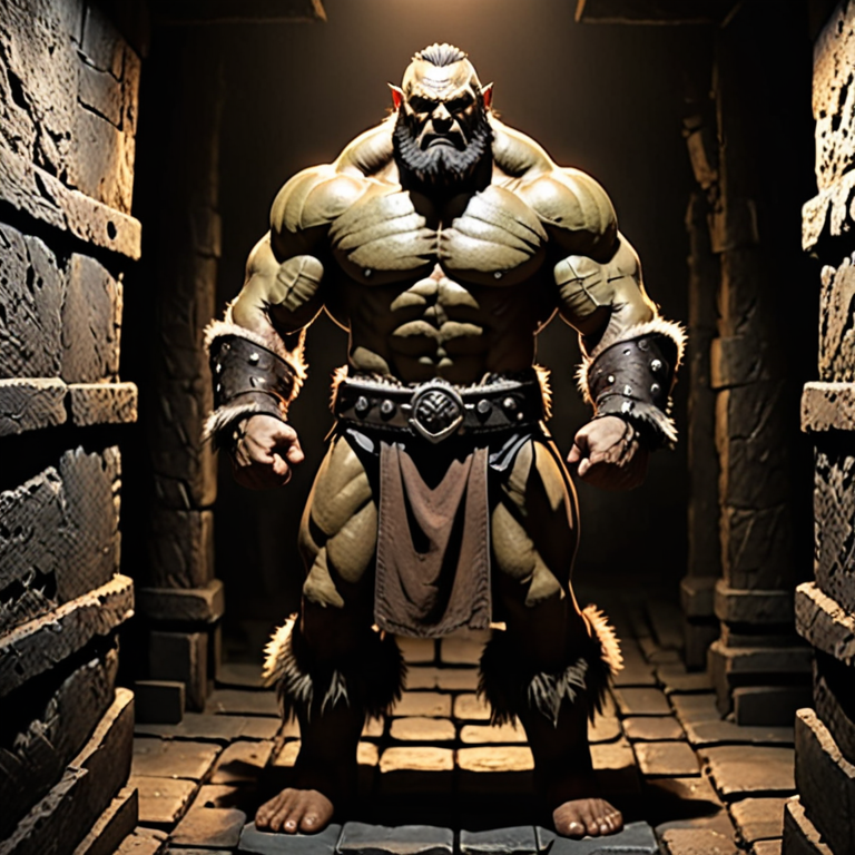 A bulky muscular, bearded manga orc stands in a dark dungeon, bare ...