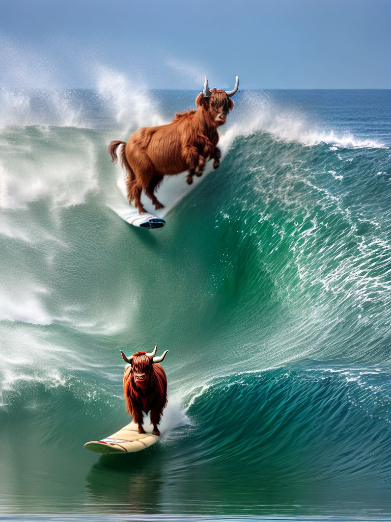 Highland cow surfing
