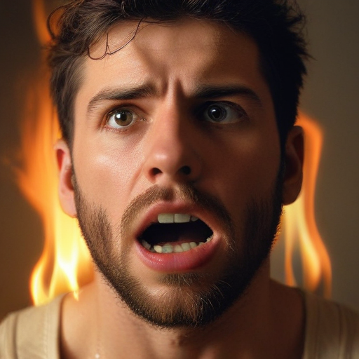 Man in Shock with Flames Surrounding Him, Expressing Fear and Panic.