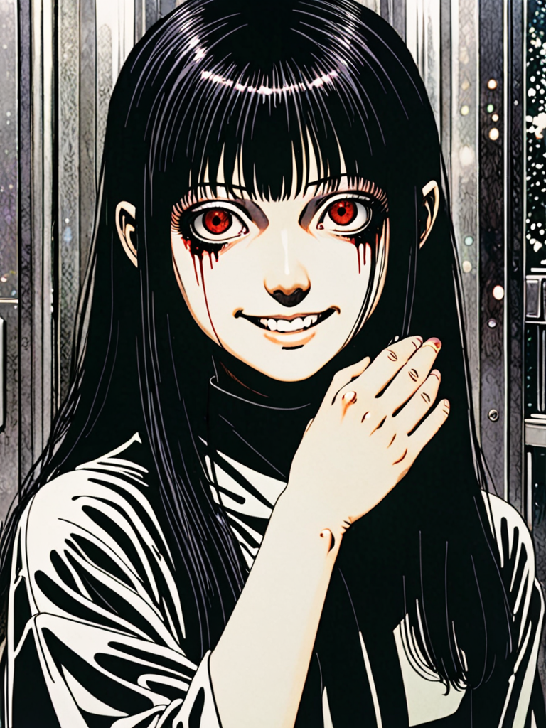 sci-fi, tomie, curtain bangs, cyberpunk, junji ito, lain, smile, dark ...