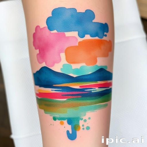 Colorful Abstract Landscape Tattoo Featuring Mountains, Clouds, and ...